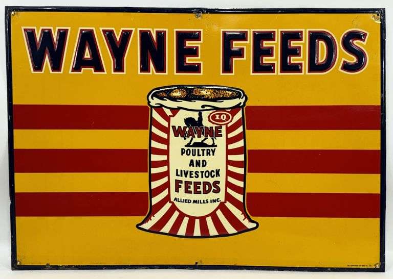 Vintage SST Wayne Livestock Feeds Embossed Sign - Kraft Auction Service ...