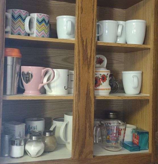 (H2) Contents of Cabinet: Ceramic Mugs, Salt/Pepper Shakers, Pyrex ...