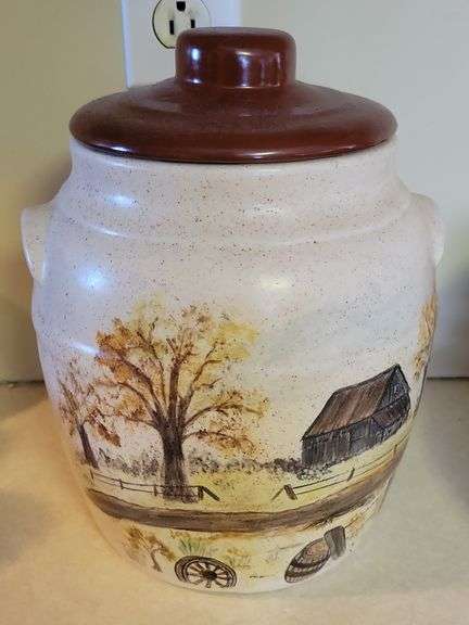 (H2) Stoneware Cookie Jar With Country Scene - Kraft Auction Service, LLC
