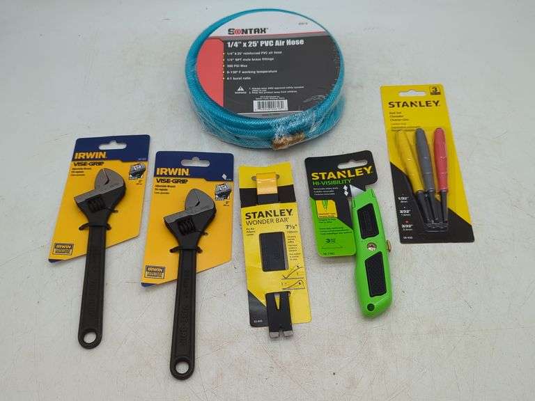 (II) Tools. 12 Ft Ratchet Straps, Vise- Grips, 1/4 " x 25 ' PVC Air ...