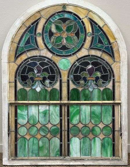 Antique Leaded Slag Glass Arched Window - Kraft Auction Service, LLC
