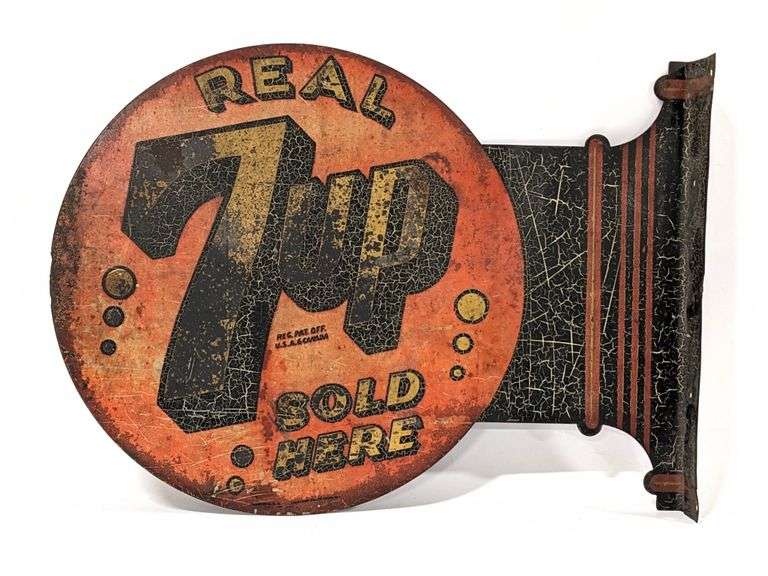 Vintage DST Real 7up Sold Here Flange Sign - Kraft Auction Service, LLC