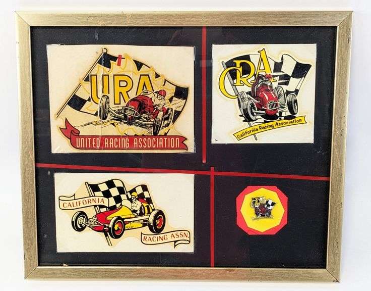 Framed California Racing Decals and Lapel Pin - Kraft Auction Service, LLC