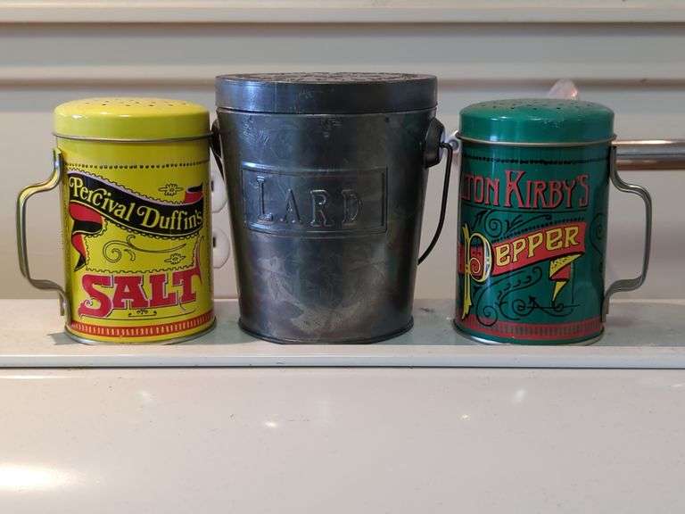 Bread Box, Lard Container, Salt, and Pepper Shakers. - Kraft Auction ...