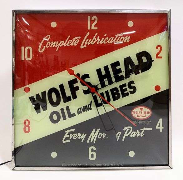 Reproduction Pam Wolf's Head Oil Lighted Clock - Kraft Auction Service, LLC