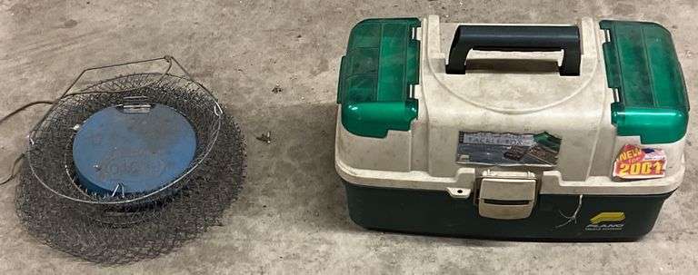 (B) Floto Collapsable Wire Fishing Basket And Plano 3-Tray Top Access Tackle Box. - Kraft ...