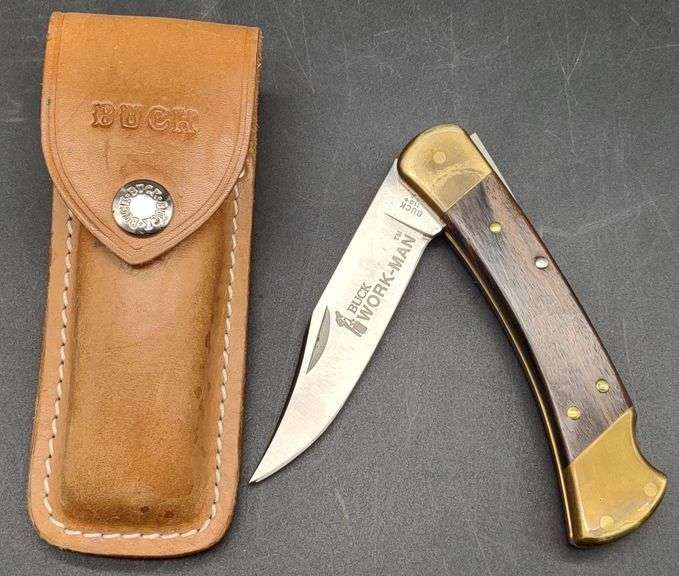 (T) Buck Work-Man 110 Folding Hunting Knife in Leather Sheath - Kraft ...