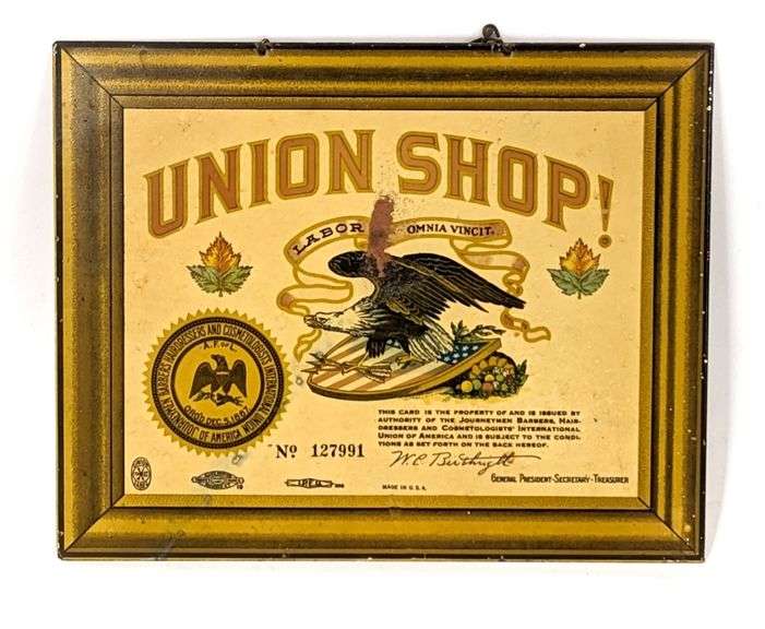 Vintage SST Barbers Union Shop Wall Card - Kraft Auction Service, LLC