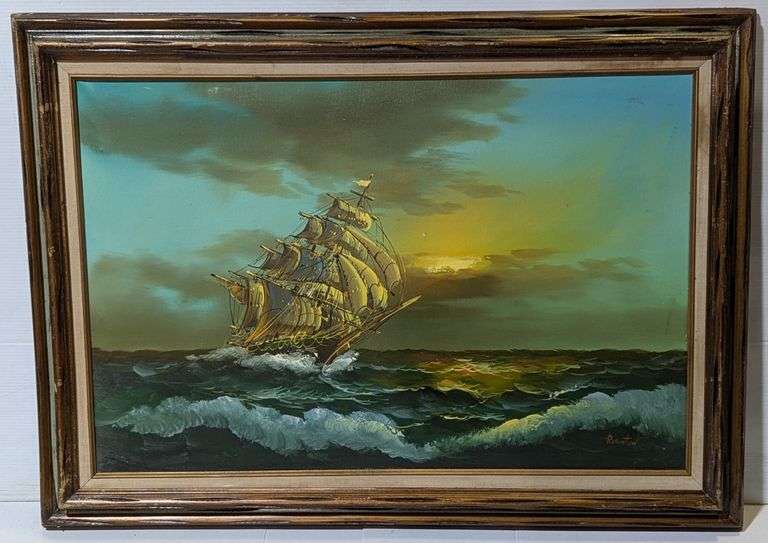 (X) Roberton Wood framed painting of sailing ship. 43"x31". - Kraft ...