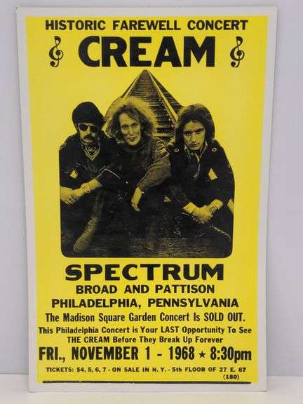 Vintage 1968 Cream Farewell Concert Poster - Nov 1 Spectrum PA - Kraft ...