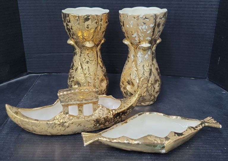 (M) Pair Of Weeping Gold Vases With A Horn Of Plenty Vase And A Candy ...