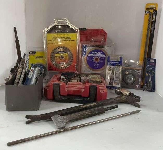 (AX) Crate Of Assorted Heavy Duty Bits & Milwaukee Hole Dozers With Other Tool Accessories ...