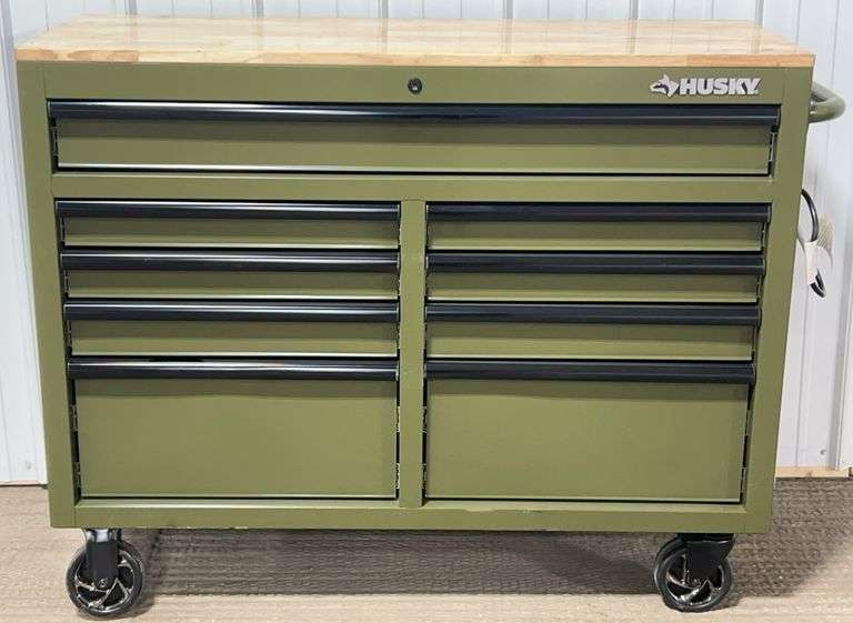 (CY) Husky 9-Drawer Mobile Workbench Cabinet w/ Solid Wood Top - Kraft ...