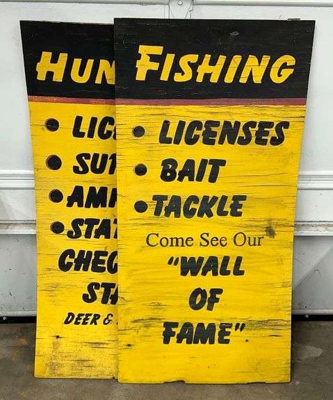 (AJ) Weathered Wooden Hunting/Fishing Advertising Signs - Kraft Auction ...