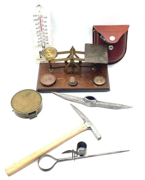 (7)Assortment Of Tools Pickax Brunton Compass Wooden Brass Postal Scale ...