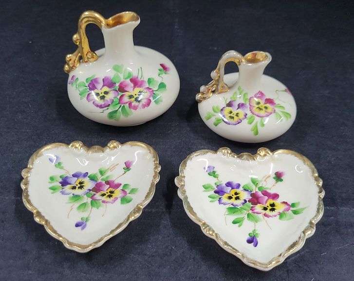 (A) Hand Painted Ceramic Petite Pitchers & Heart Shaped Trinket Dishes ...