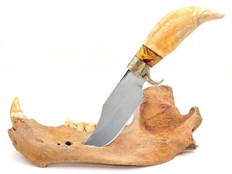 Kerr Custom Knives Valade Engraved Fossilized Tooth Bowie Knife w/ Jaw ...