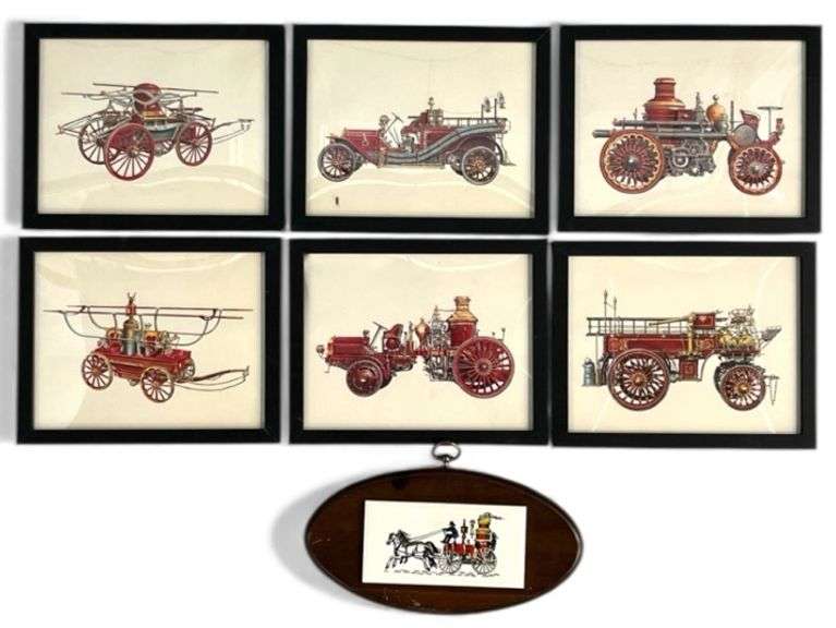 (7) Framed Vintage Firetruck Prints & Fire Carriage Tile Plaque On Wood ...