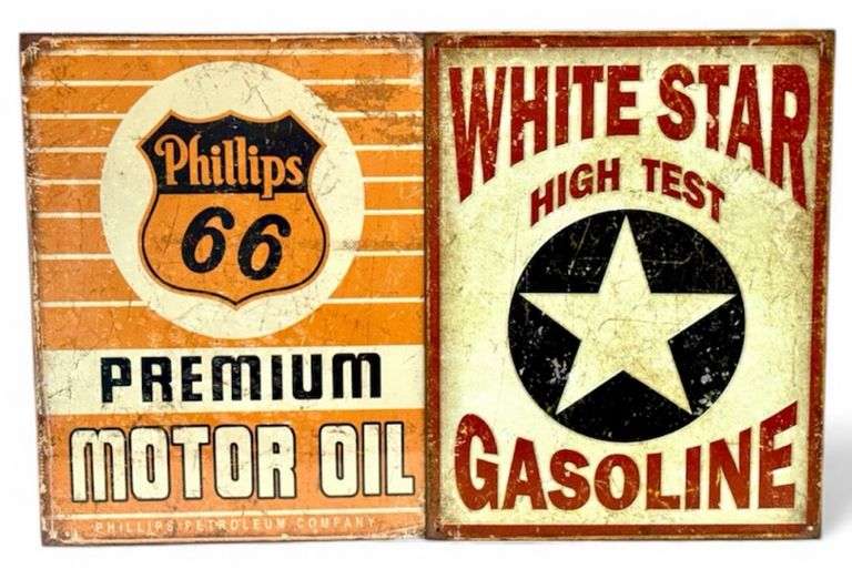 (2) SS White Star Gasoline And Phillips 66 Motor Oil Tin Metal Wall ...