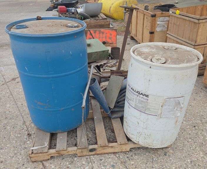 Pallet of Plastic Barrels, Metal Wire, Drilling Rig, & More - Kraft ...