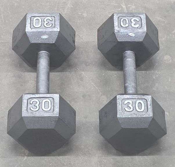 (U) Pair Of 30lb Cast Iron Hex Free Weight Dumbbells - Kraft Auction ...