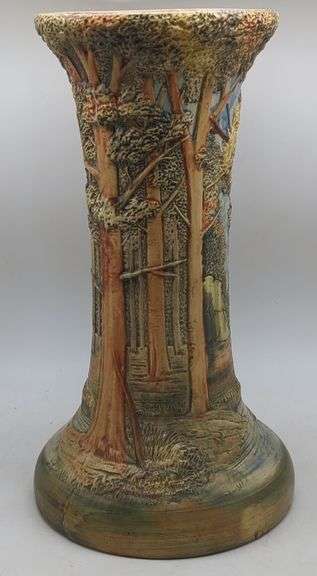 (E) VINTAGE WELLER POTTERY Forest Woodcraft Tree Sceniic Jardiniere ...