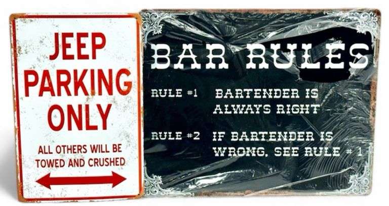 (2) SS Tin/Metal Bar Rules & Jeep Parking Only Sign - Kraft Auction ...