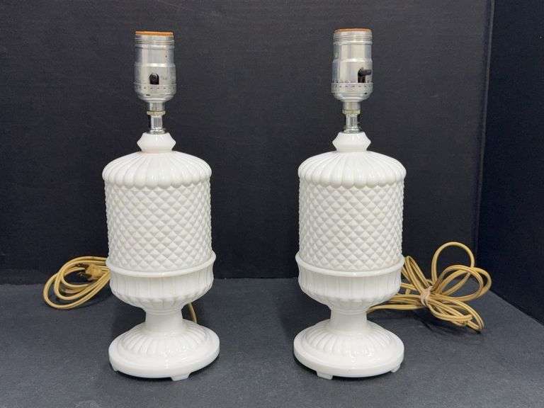 2 Diamond Point Milk Glass Table Lamps - Kraft Auction Service, LLC