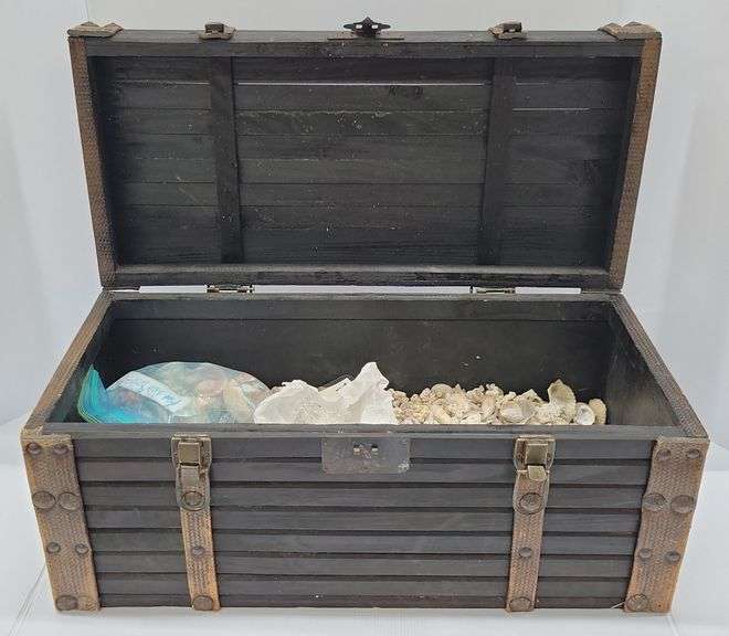(AF) Wooden Chest With Metal Hardware Full Of Seashells And Coral ...