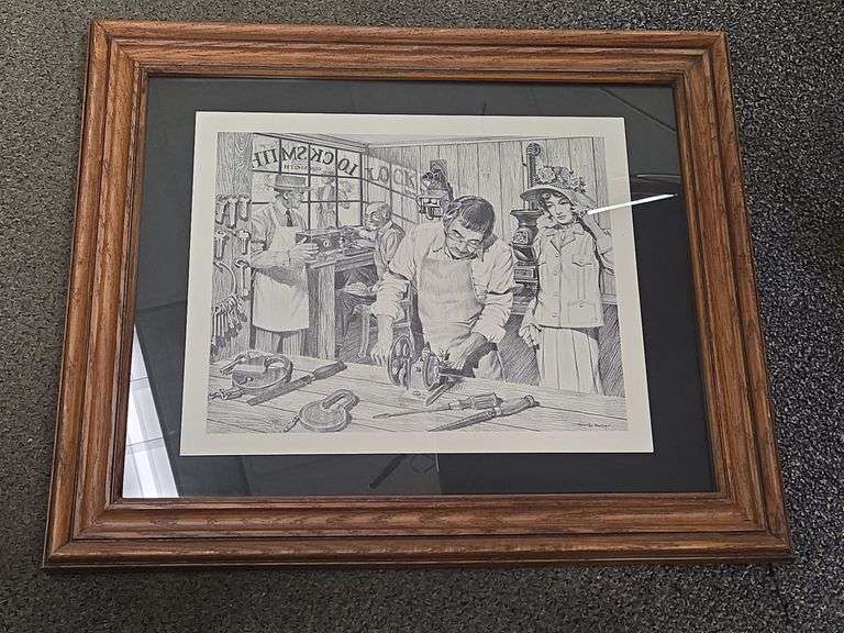Framed Locksmith Illustration by George Becker - Kraft Auction Service, LLC