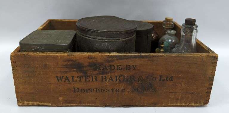 Vtg Walter Baker Wood Box (13"×9"×4") & Coffee Tins & Tea Tins, Baking ...