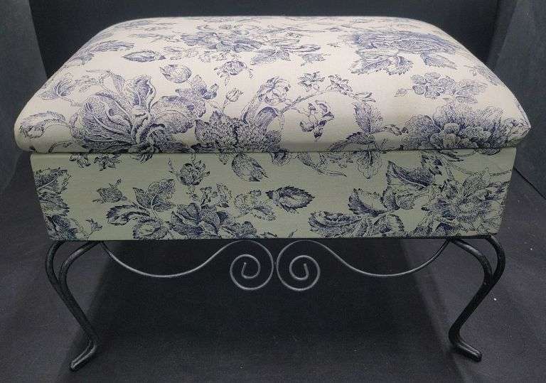(AI) Small Upholstered Wrought Iron Foot Stool With White And Blue ...