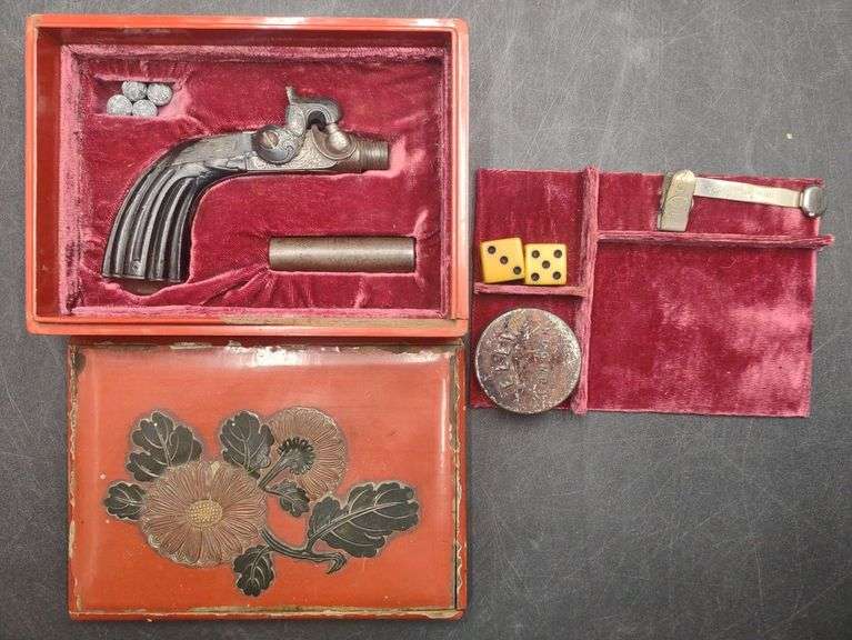 (Z) Red Lacquered Gambling Box w/ Belgium Single Shot Pocket Pistol ...