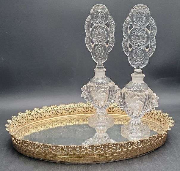 (Q) Clear Cut Glass Perfume Bottles And An Oval Mirrored Tray With Gold ...