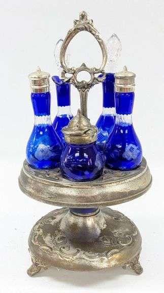 Antique Silver Plate Cobalt Blue Cruet Set - Kraft Auction Service, LLC