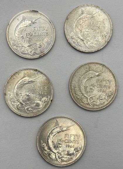 (KC) 5 Silver Bahama Foreign 50 Cent Coins - Kraft Auction Service, LLC