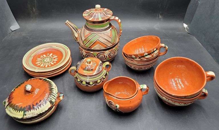 (P) Mexican Made Hand Painted Redware Pottery Set - Kraft Auction ...