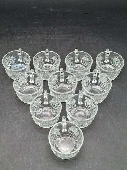 (F) Vintage LE Smith Glass Aztec Punch Bowl with Pedestal, 12 Matching ...