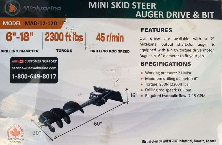 2024 Wolverine Mini Skid Steer Auger Drive & Bit - Kraft Auction ...