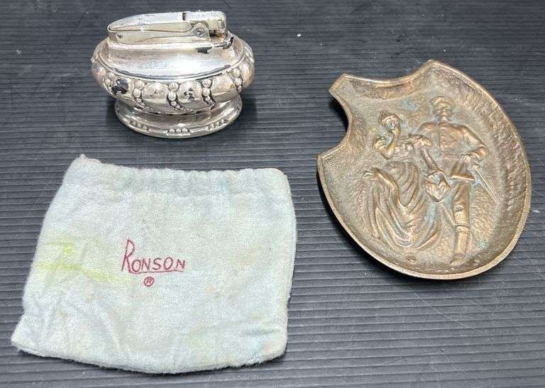 Ronson “Crown” Silver Plated Table Lighter And Brass Ashtray Featuring ...