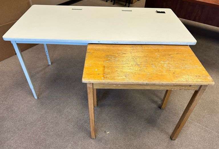 Metal Framed Adjustable Computer Table And Wooden Table - Kraft Auction ...