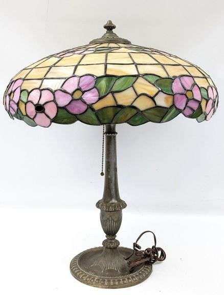 Lamb Bros. Glass Shade With Bronze Lamp Base - Kraft Auction Service, LLC