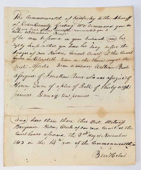 1805 Lincoln Related Letter From Ben Helm - Kraft Auction Service, LLC