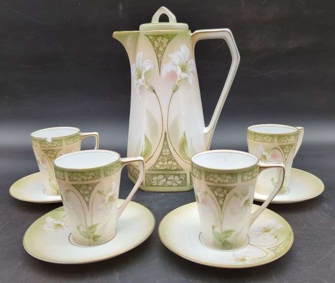 (P) RS Germany Tea Set. Lidded Tea Pot w/ 4 Cups and Saucers. 9 inch ...