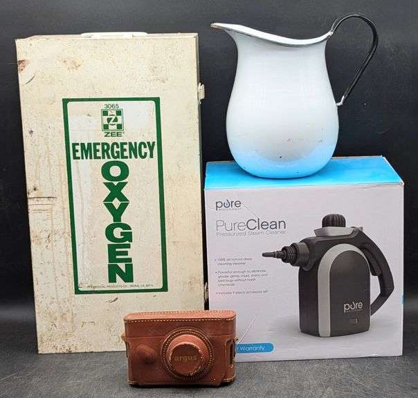 (EF) A vintage metal pitcher (9" tall), an Argus camera, a PureClean ...