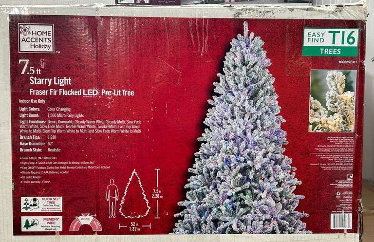 (CY) Home Accents 7.5’ Starry Light Fraser Fir Flocked LED Pre-Lit Tree ...