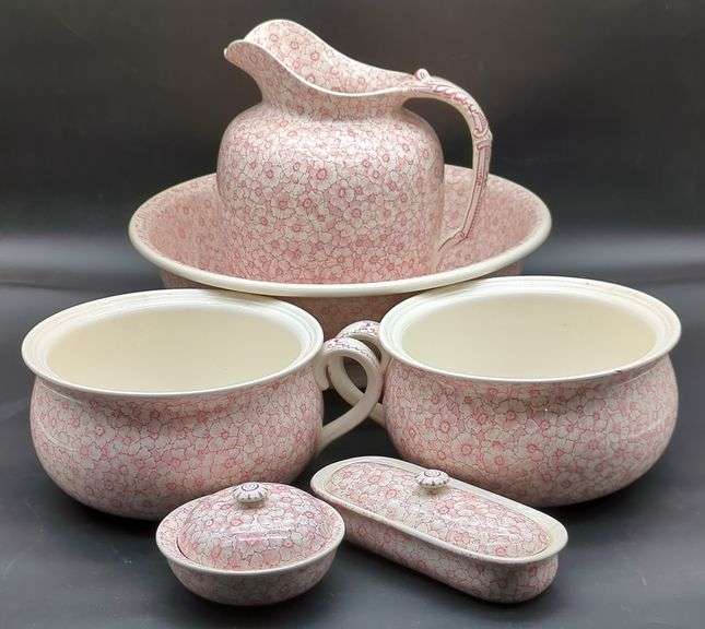 (P) B.M.C. & C Primrose VTG Wash Bowl Set. Pitcher/Bowl/ 2 Commode ...