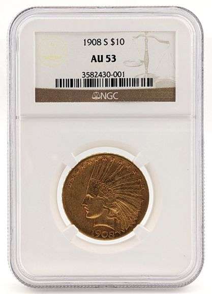 1908-S U.S. $10 Indian Type Gold Coin NGC AU 53 - Kraft Auction Service, LLC