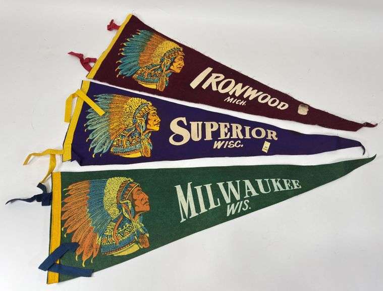 3) Vintage Native American Chief Felt Pennant - Kraft Auction Service, LLC