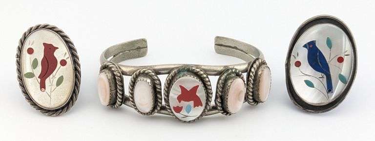 (3) Sterling Native American Bird Inlay Jewelry - Kraft Auction Service ...